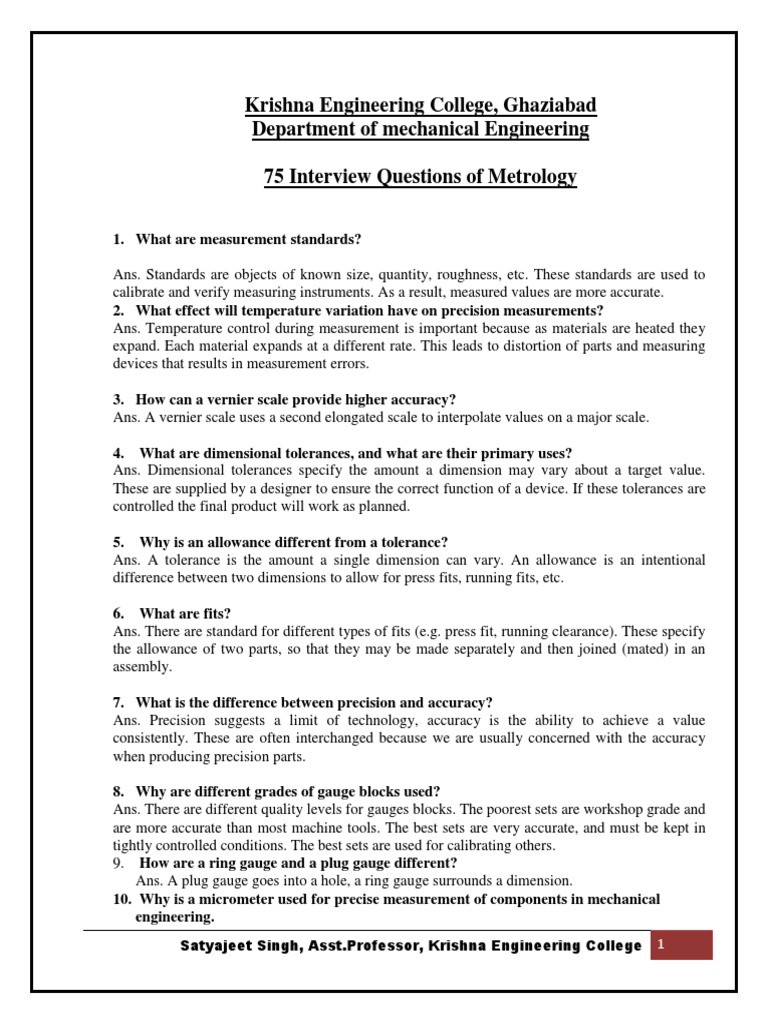 75 Questions of Metrology | PDF | Engineering Tolerance | Measurement