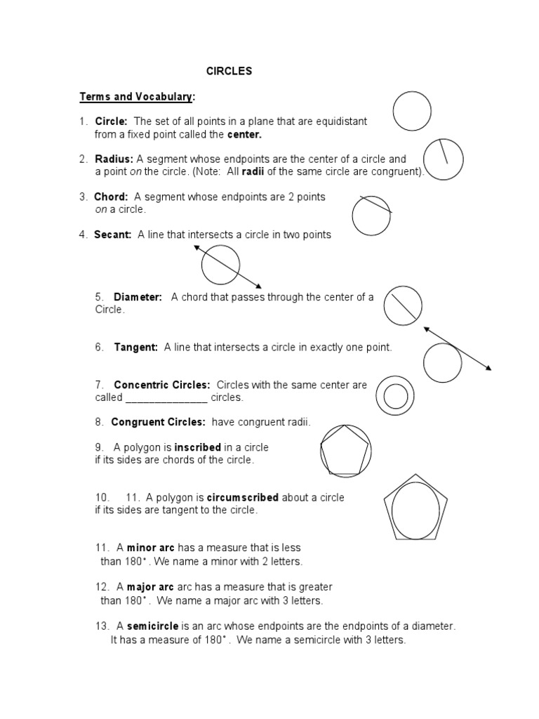 Circle Vocabulary Worksheet Angle And Arc Relationships In Circles