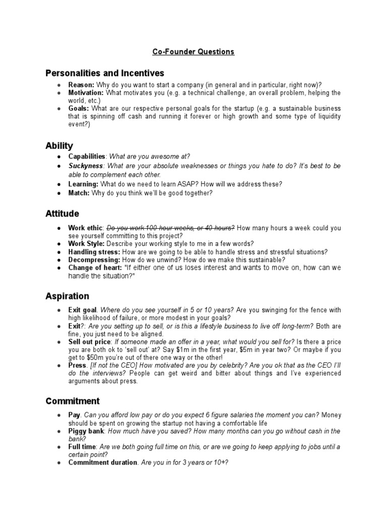 Essential Co-Founder Questions Guide | PDF | Startup Company | Small ...