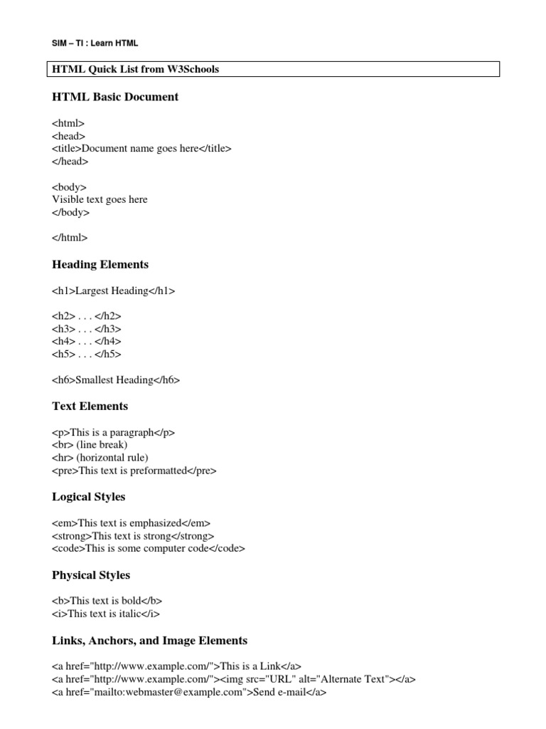 HTML Basic Document: HTML Quick List From W3Schools | PDF | Html Element | Html