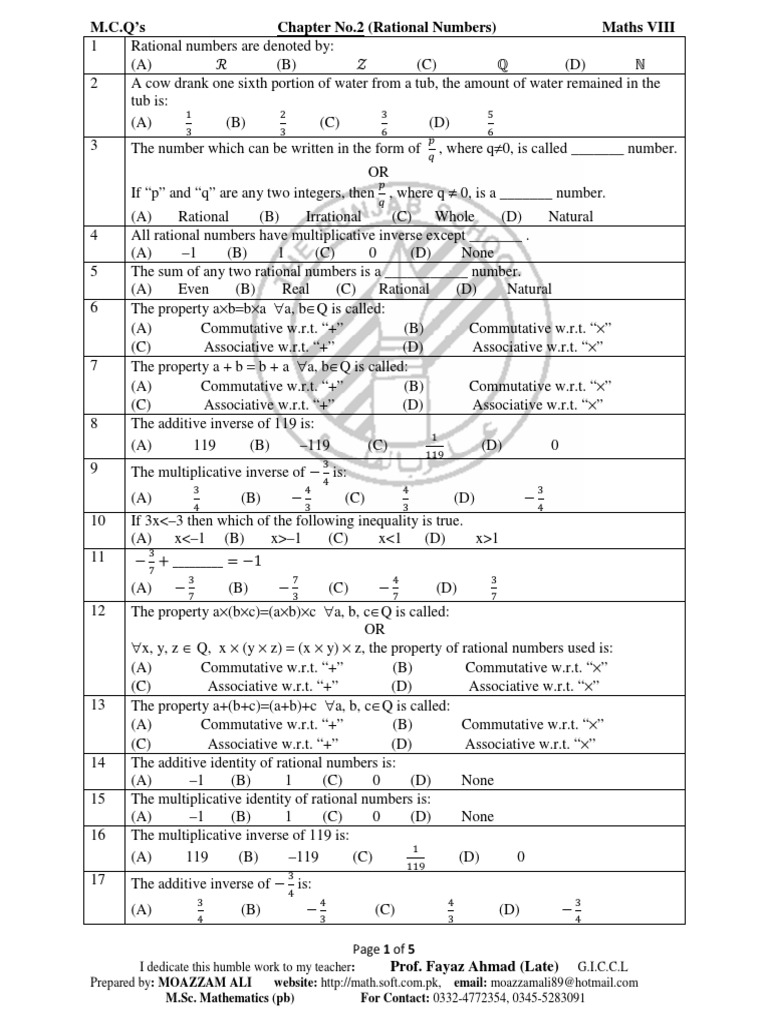 Maths Mcqs PDF | PDF | Multiplication | Rational Number