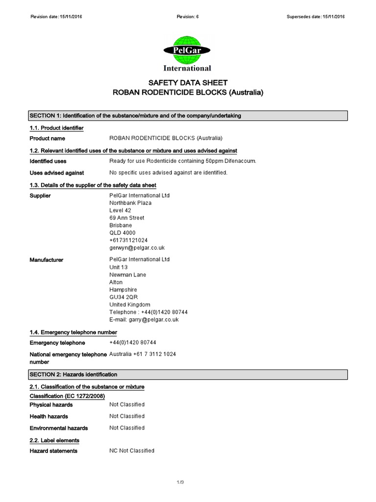 Roban Rodenticide Blocks Safety Data | PDF | Toxicity | Dangerous Goods