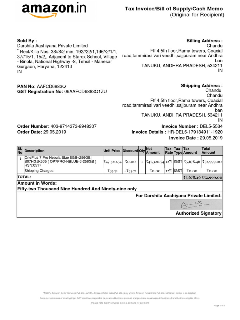 Tax Invoice for the Sale of OnePlus 7 Pro Smartphone from Darshita ...