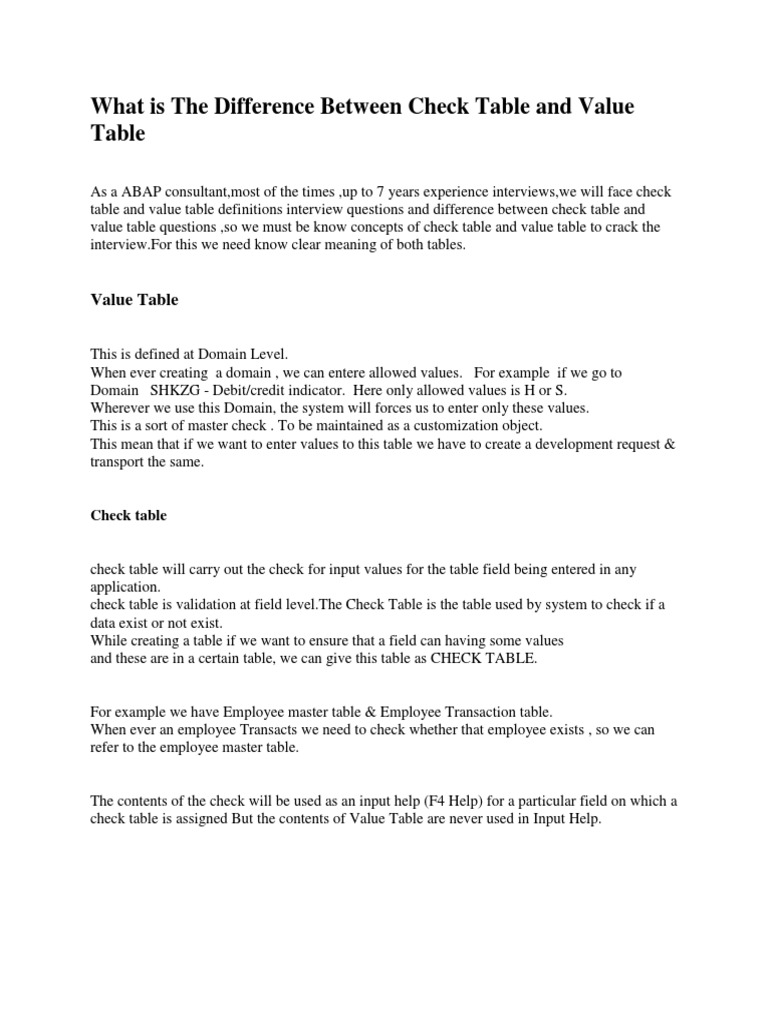 What Is The Difference Between Check Table and Value Table | PDF