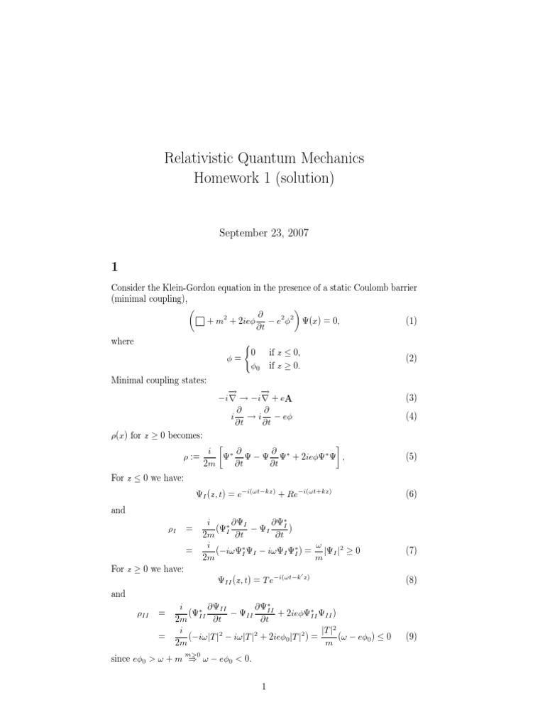 Relativistic Quantum Mechanics Homework 1 (Solution) : September 23, 2007 | PDF | Matrix ...
