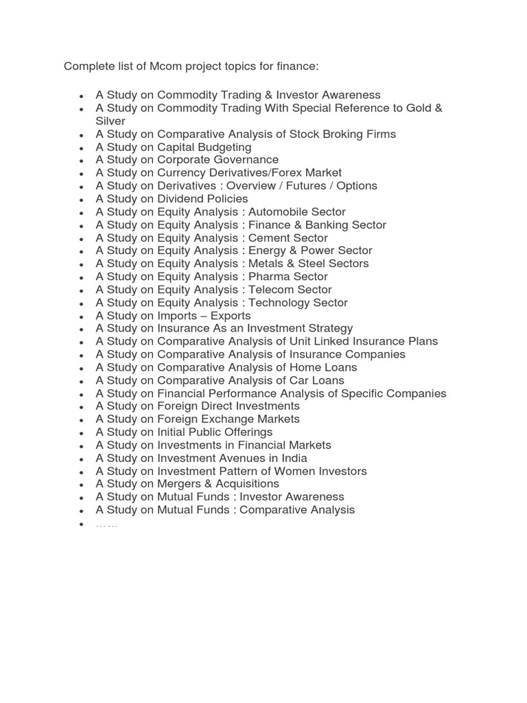 Complete List of Mcom Project Topics For Finance | PDF