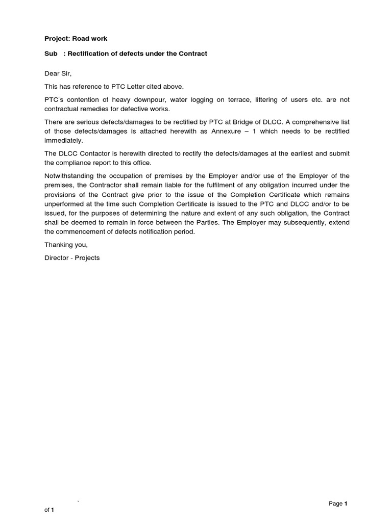 Defect Rectification Notice for Contractor | PDF | Technology & Engineering