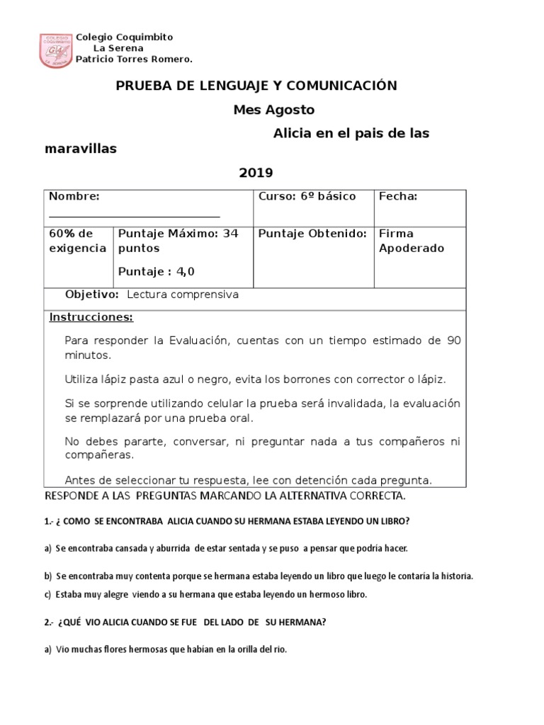 Prueba Agosto Alicia en Le Pais de Las Maravillas | PDF | Las aventuras ...