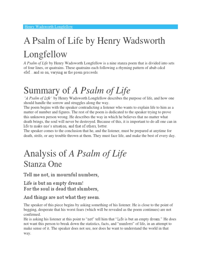 Analysis of Psalm of Life | PDF | Henry Wadsworth Longfellow | Poetry