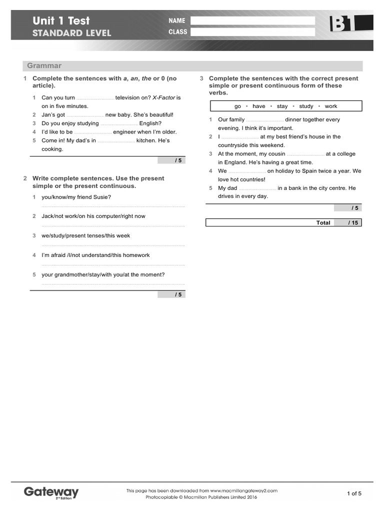 B1 UNIT 1 Test Standard | Grandparent