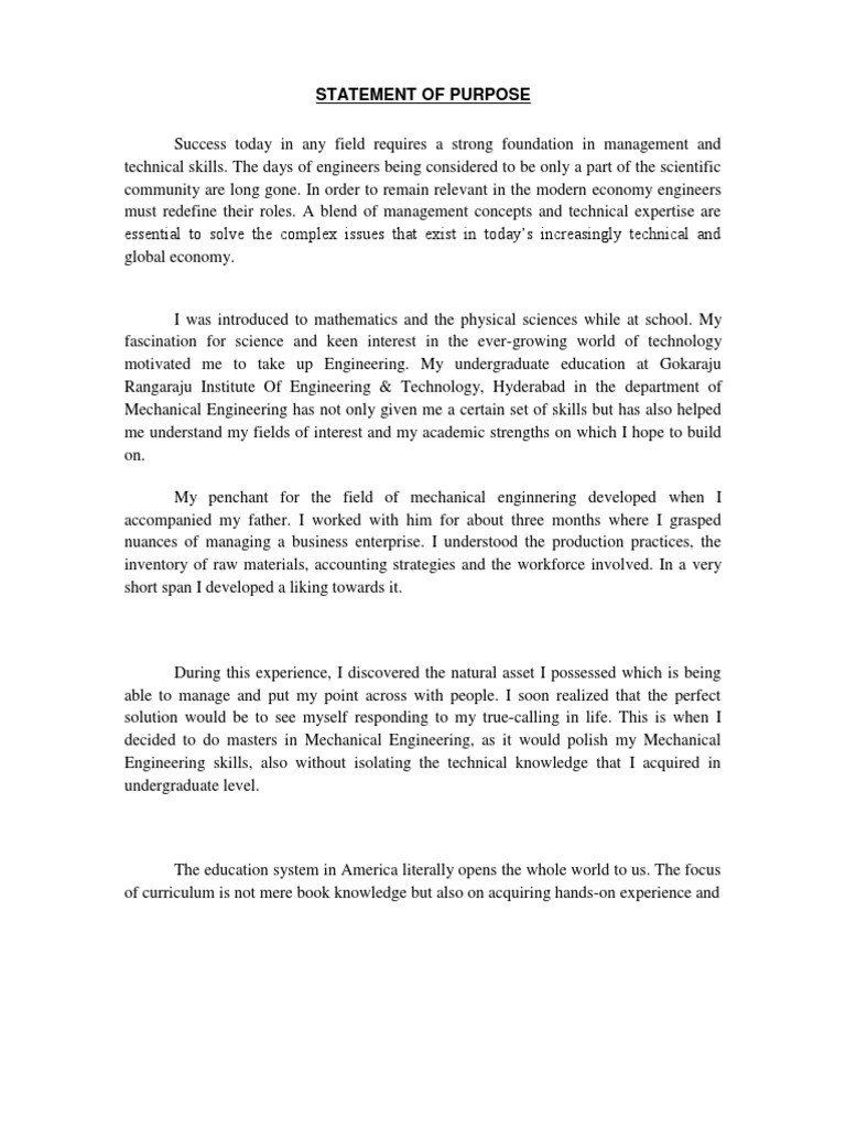 Statement of Purpose: Mechanical Engineering | PDF | Engineering | Science