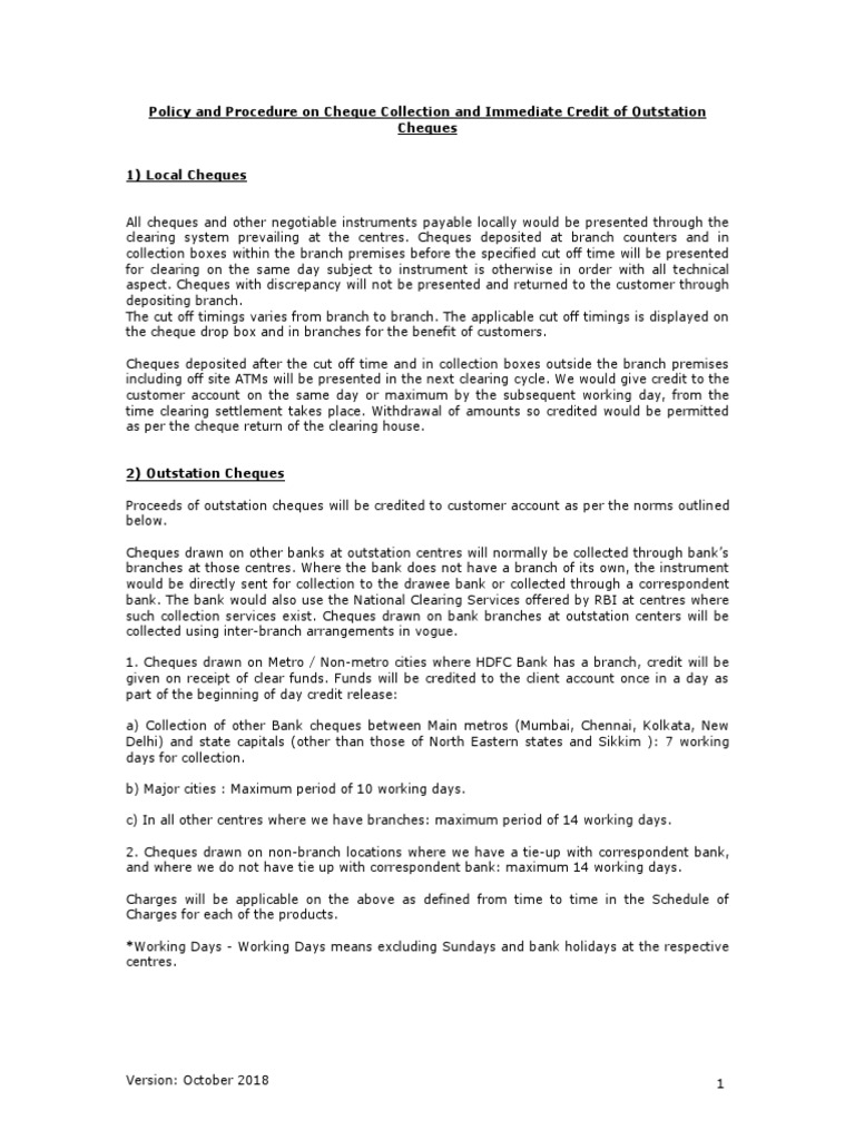 Policy and Procedure On Cheque Collection and Immediate Credit of ...