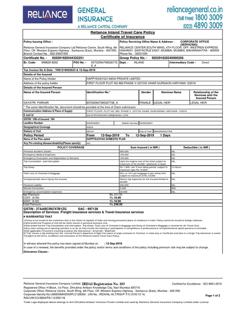 Reliance Inland Travel Care Policy Certificate of Insurance ...