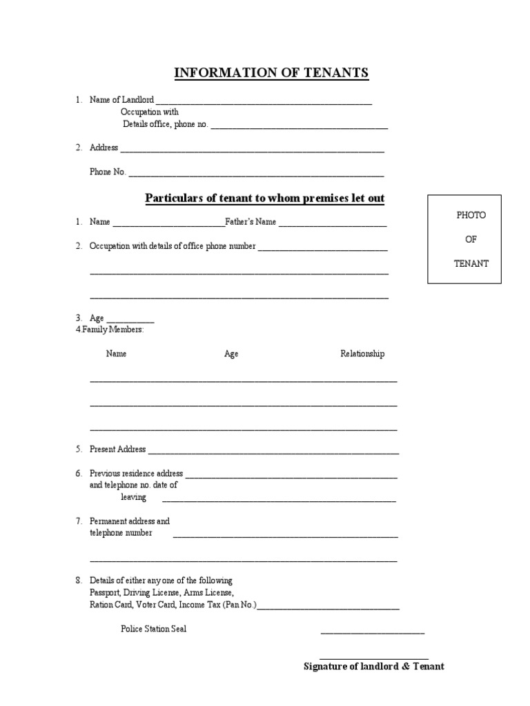 Information of Tenants: Particulars of Tenant To Whom Premises Let Out ...