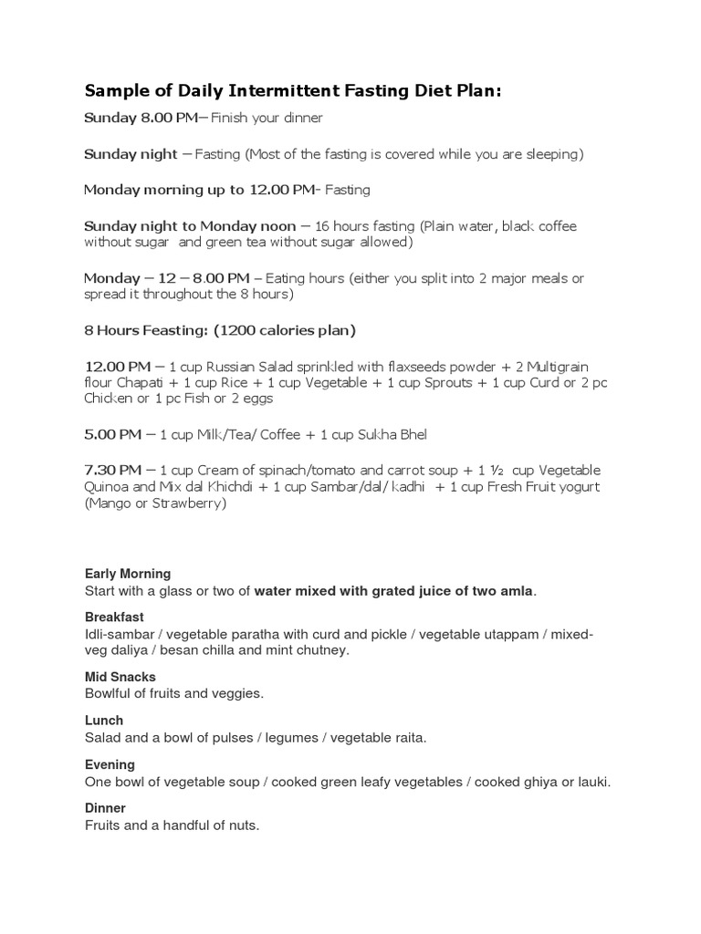 Sample of Daily Intermittent Fasting Diet Plan | Download Free PDF ...