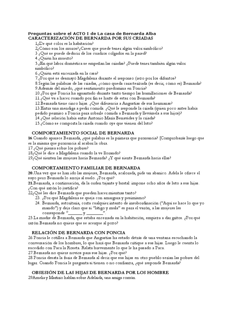 ACTO 1 Preguntas La Casa de Bernarda Alba | PDF