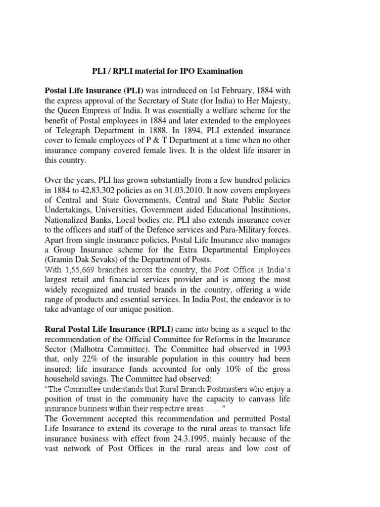 PLI - RPLI Material For IPO Examination | PDF | Life Insurance ...