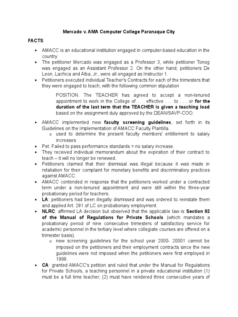 Mercado v. AMA Computer College Paranaque City Facts | PDF | Employment ...