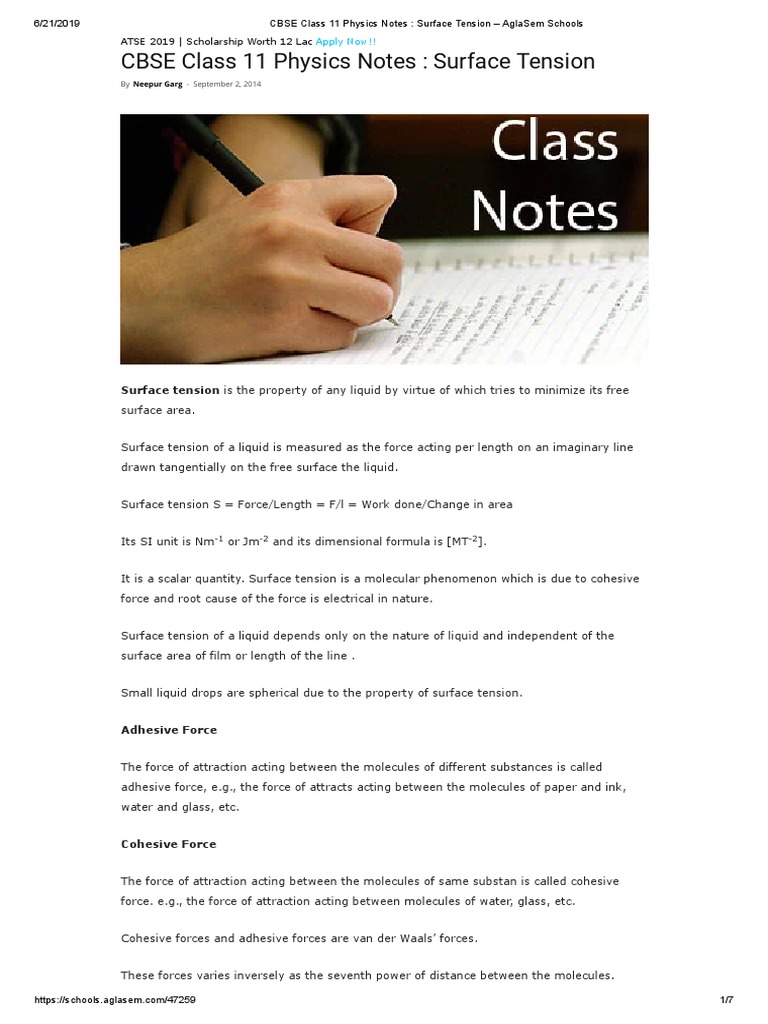 Class 11 Physics: Surface Tension Notes | PDF | Drop (Liquid) | Surface ...