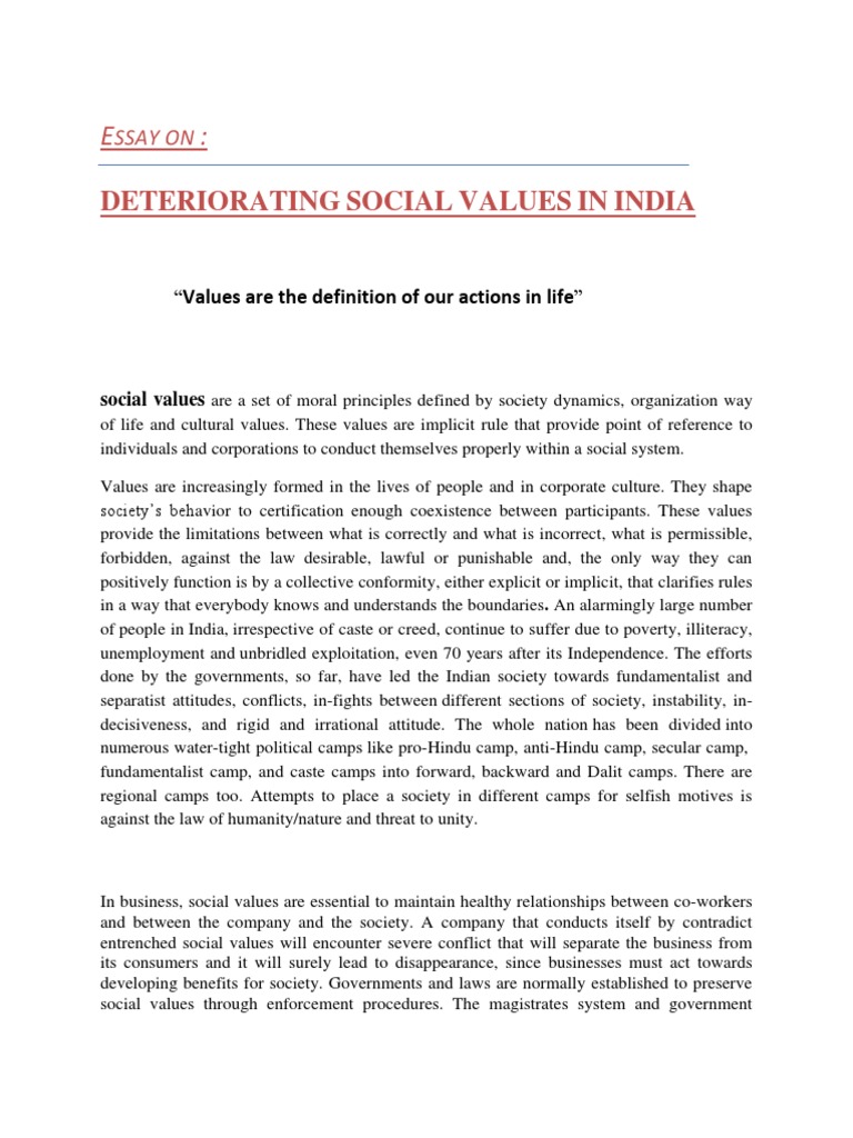 Deteriorating Social Values IN India: Ssay On | PDF | Egalitarianism ...