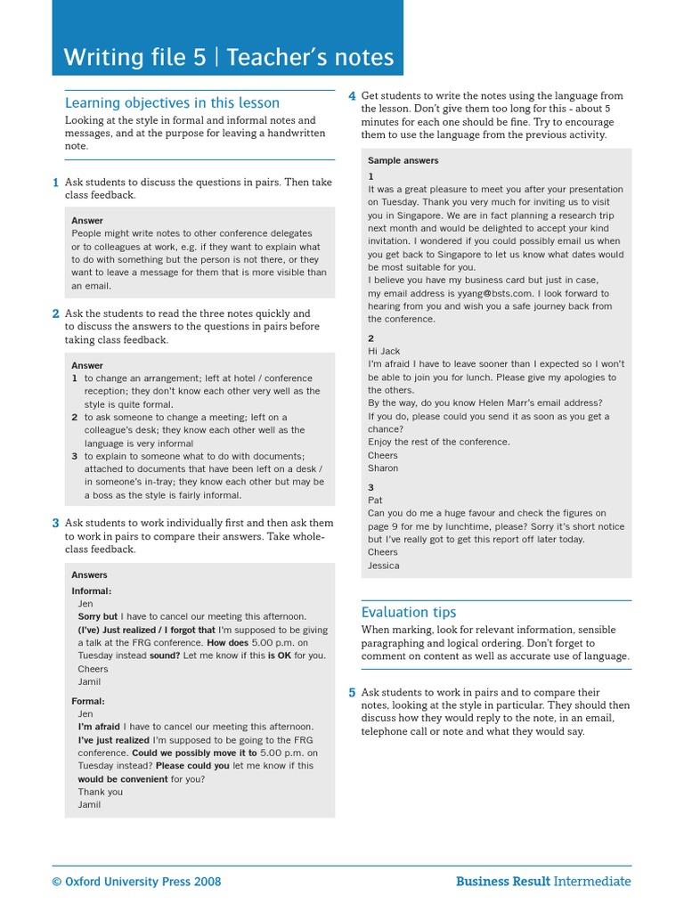 5 Writing Short Notes and Messages - Teacher's Notes + Answer PDF | PDF ...