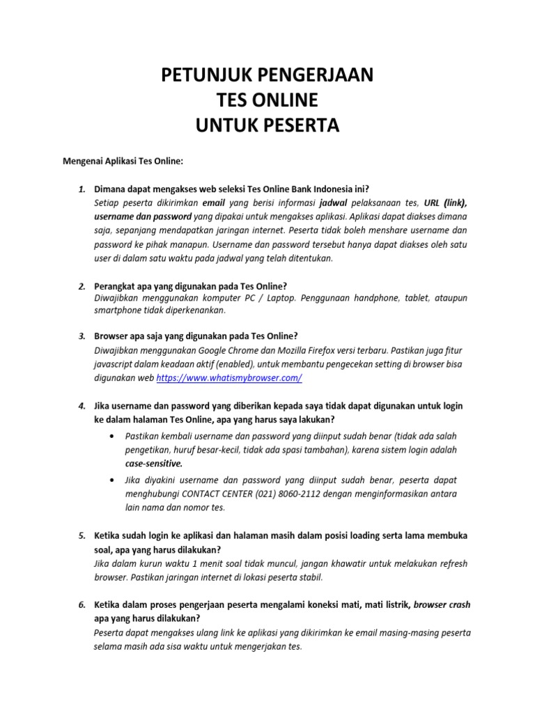 Panduan Tes Online Bank Indonesia | PDF