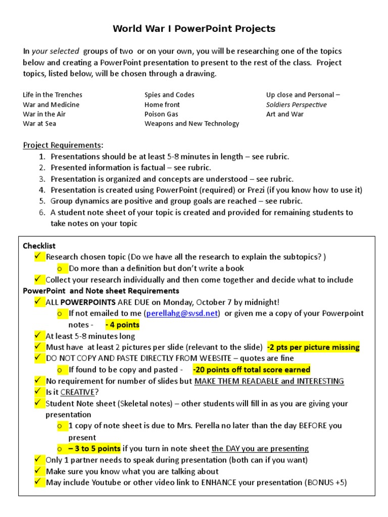 World War I Project | PDF | Rubric (Academic) | Psychological Concepts