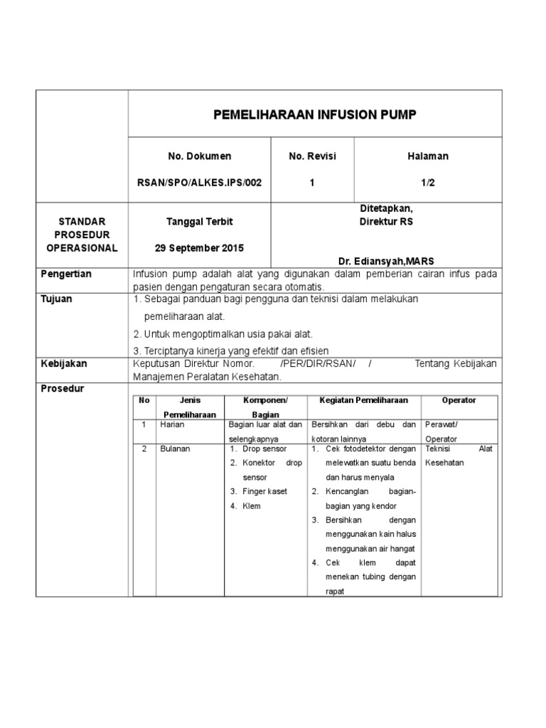 Sop Pemeliharaan Infus Pump | PDF