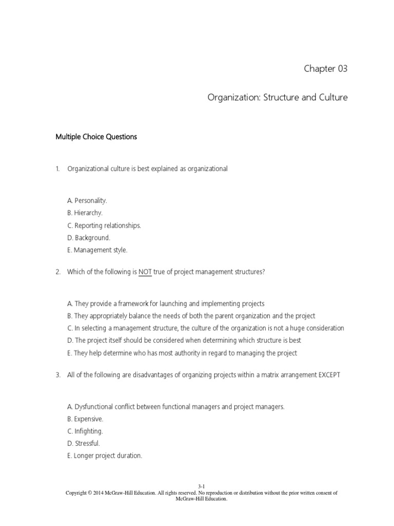 Organization: Structure and Culture: Multiple Choice Questions | PDF ...