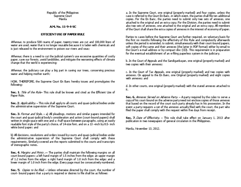 A.M. No. 11-9-4 SC Efficient Use of Paper Rule | PDF | Supreme Courts ...