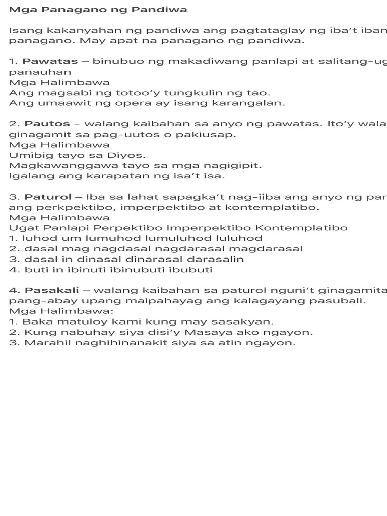 Mga Panagano NG Pandiwa | PDF