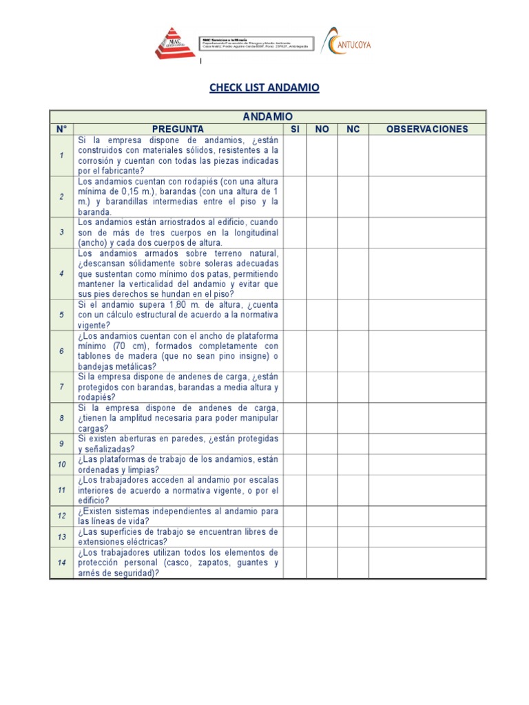 Checklist de Seguridad para Andamios | PDF | Andamio | Naturaleza