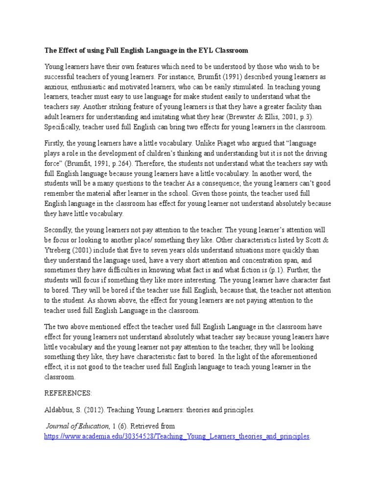 The Effect of Using Full English Language in The EYL Classroom | PDF | Classroom | Teachers
