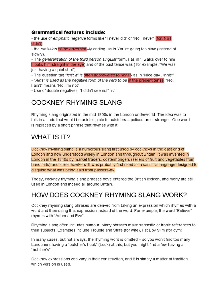 Cockney Rhyming Slang: Grammatical Features Include | PDF | Linguistic ...