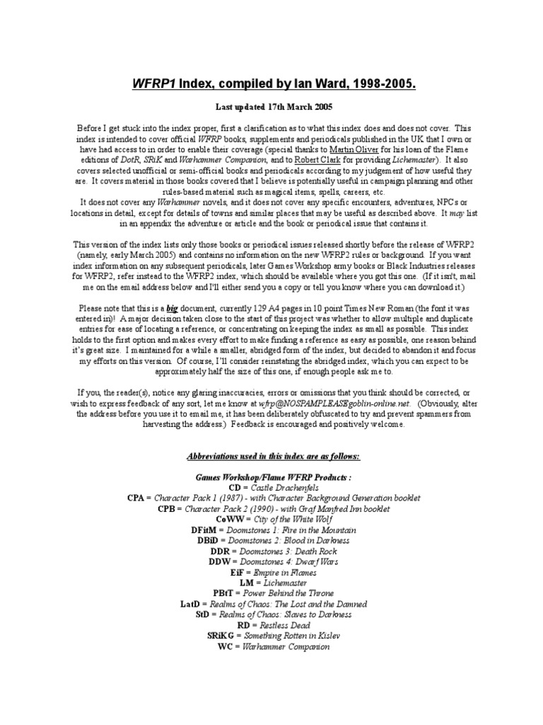 WFRP Index: Key Resources Overview | PDF | Fantasy Worlds | Campaign ...