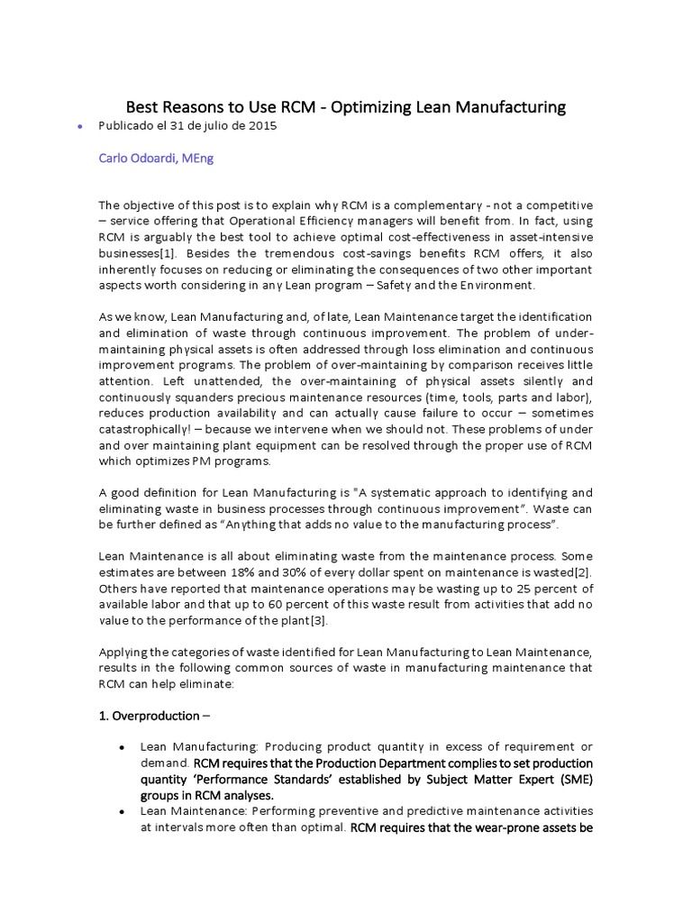 Best Reasons To Use RCM - Optimizing Lean Manufacturing: Carlo Odoardi ...