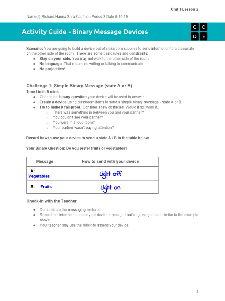 U1l02 Activity - Binary Message Devices | PDF | Question | Learning