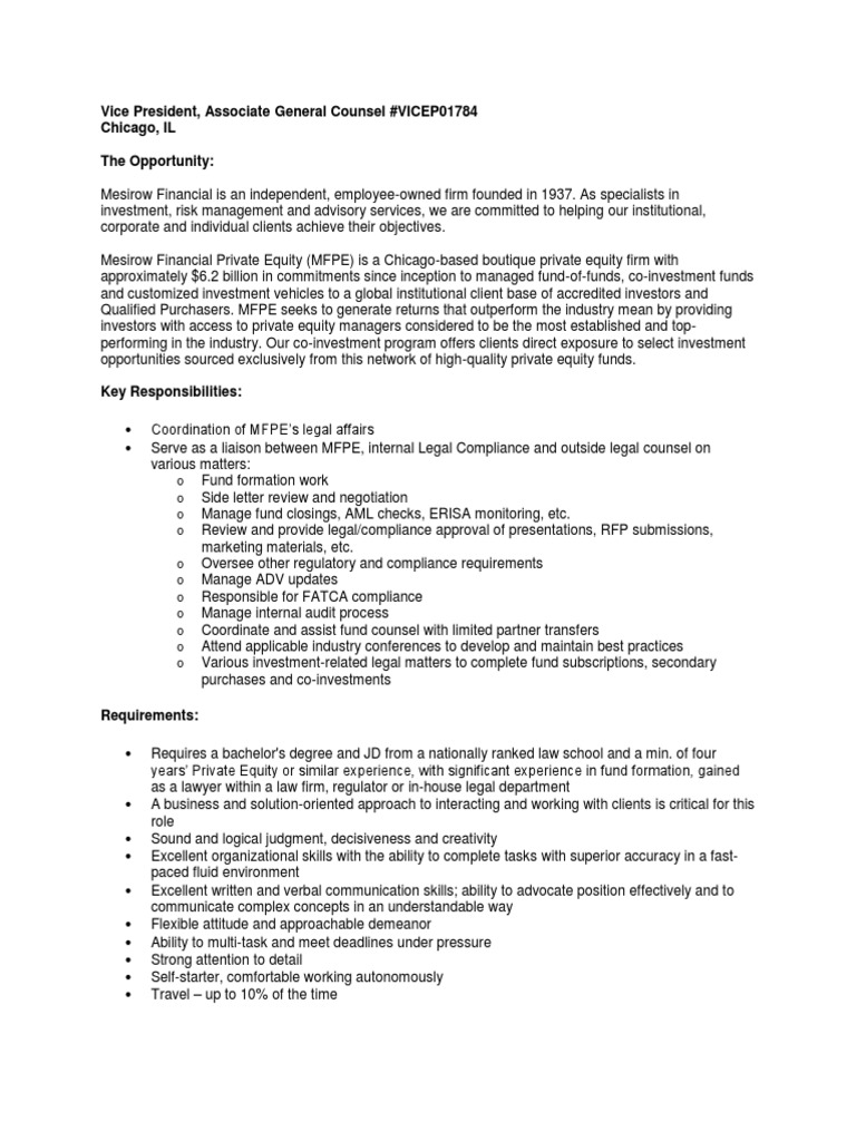Vice President, Associate General Counsel #VICEP01784 Chicago, IL The ...