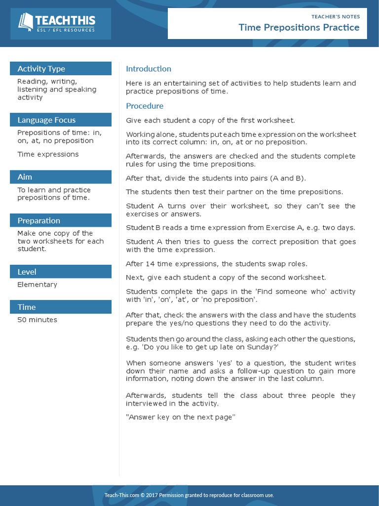 Time Prepositions Practice | PDF | English As A Second Or Foreign ...