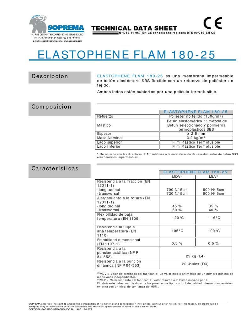 Ficha Técnica - Elastophene - Flam - 180-25 - Español PDF | PDF | Materiales | Naturaleza