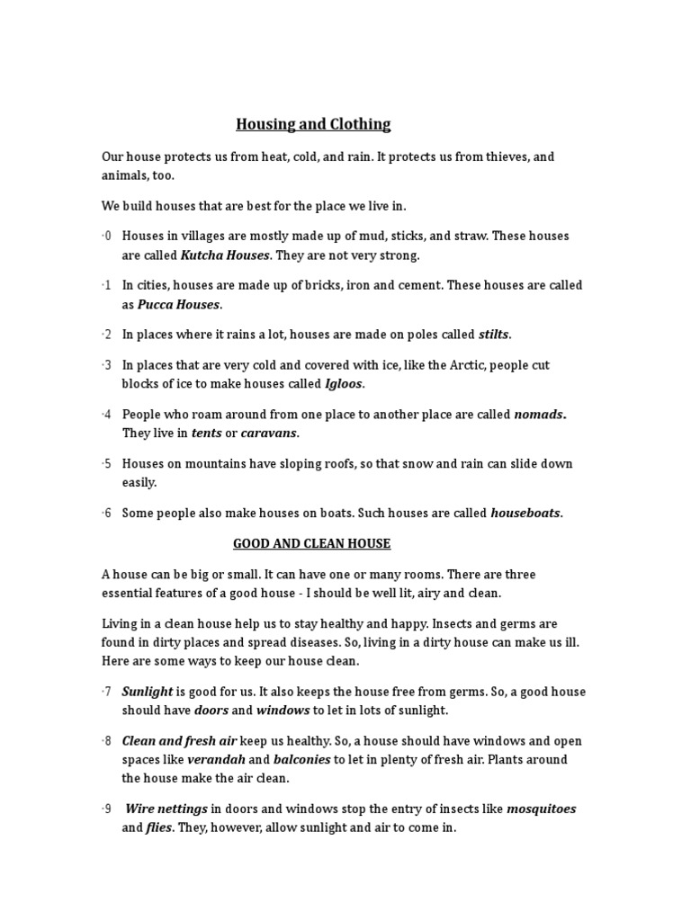 Housing and Clothing: Good and Clean House | PDF