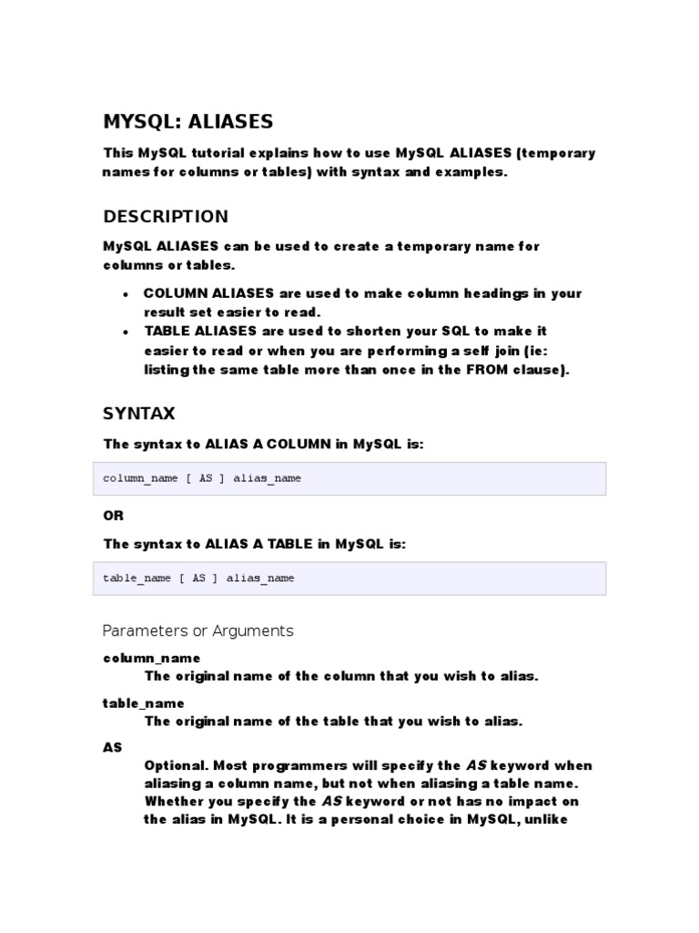 Alias in MySQL | PDF | Parameter (Computer Programming) | Table (Database)