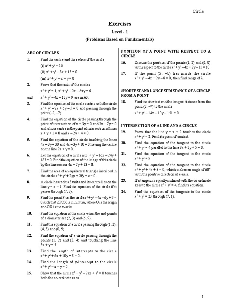 Exercises: Level - 1 (Problems Based On Fundamentals) | PDF | Circle ...
