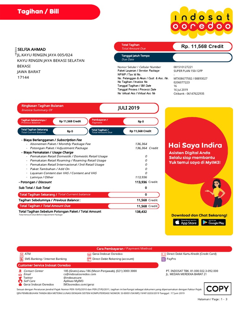 Ringkasan Tagihan Indosat Juli 2019 | PDF