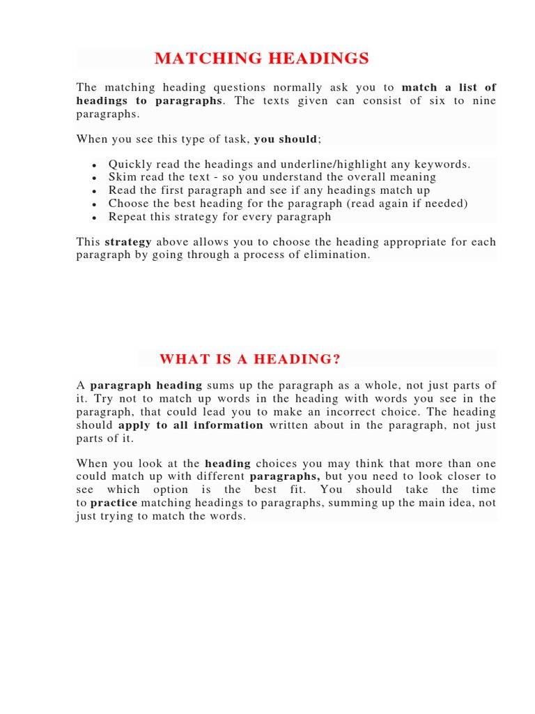 IELTS Reading: Matching Headings Tips | PDF