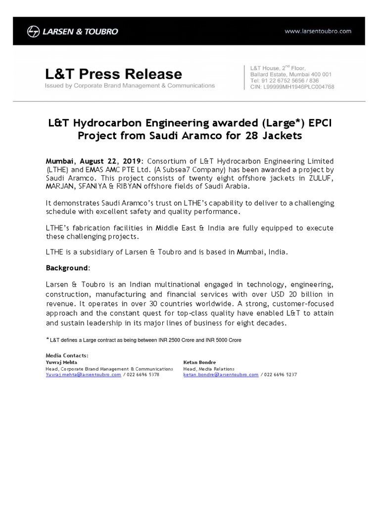 2019 08 22 LT Hydrocarbon Engineering Awarded Large Epci Project From ...