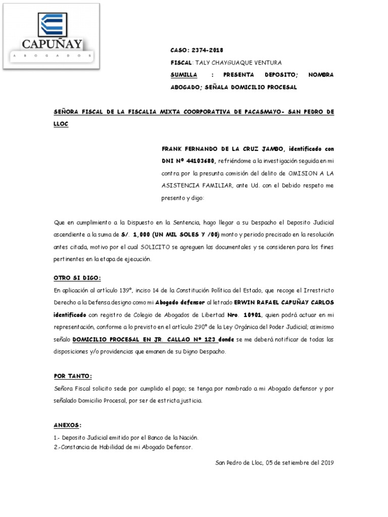 Modelo de Escrito de Solicitud de Deposito Judicial | PDF