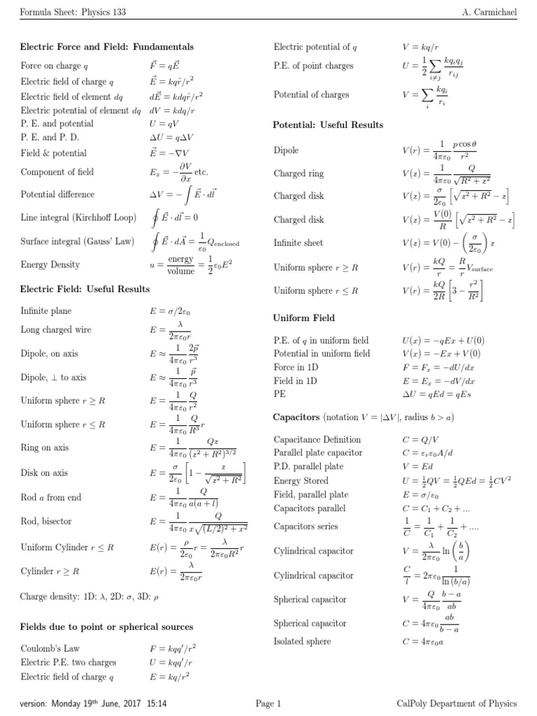 Formula Sheet Physics 133 | PDF | Inductor | Sine