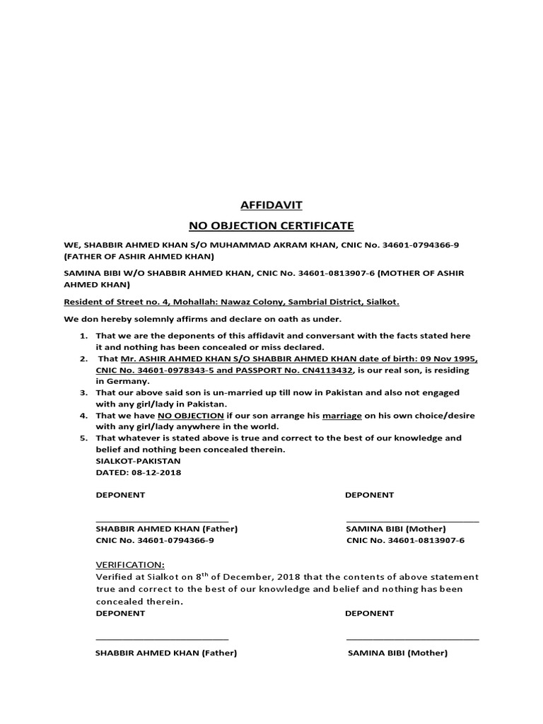 Affidavit No Objection Certificate | PDF