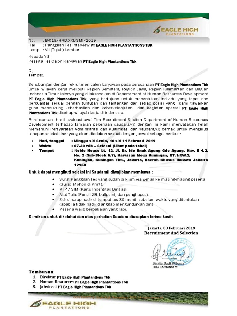 Lampiran Undangan Tes Interview PT Eagle High Plantantions TBK | PDF